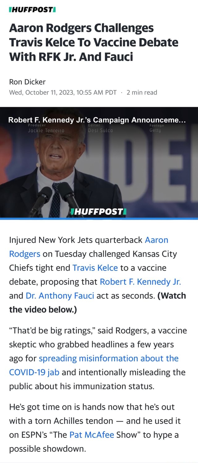 THUFFPOSTI Aaron Rodgers Challenges Travis Kelce To Vaccine Debate With ...