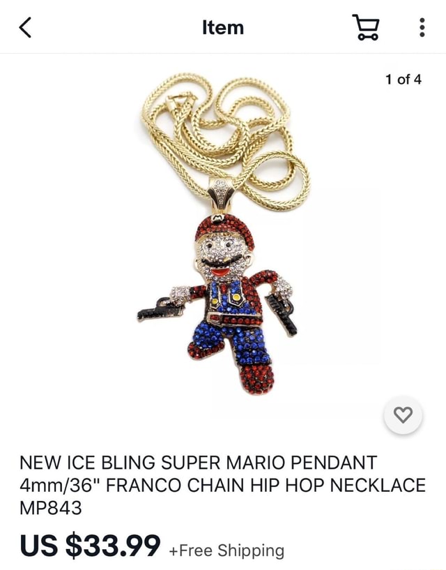 NEW ICE BLING SUPER MARIO PENDANT 4mm/36" FRANCO CHAIN HIP HOP NECKLACE ...