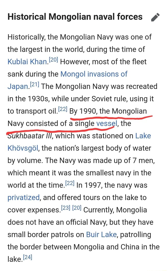 Historical Mongolian naval forces Historically, the Mongolian Navy was ...