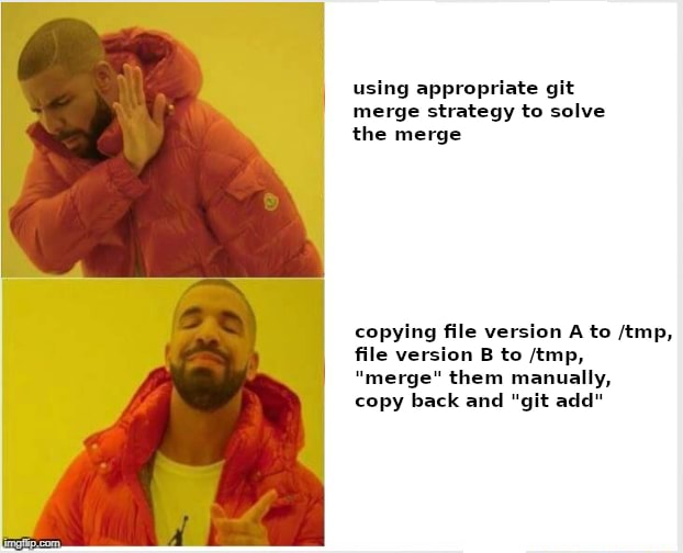 Using appropriate git merge strategy to solve the merge copying file ...