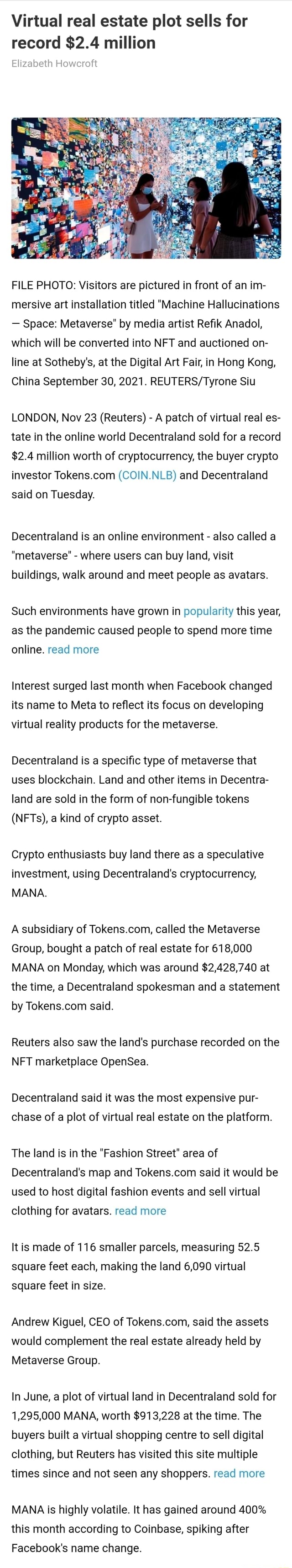 Virtual real estate plot sells for record $2.4 million eth Howcroft ...