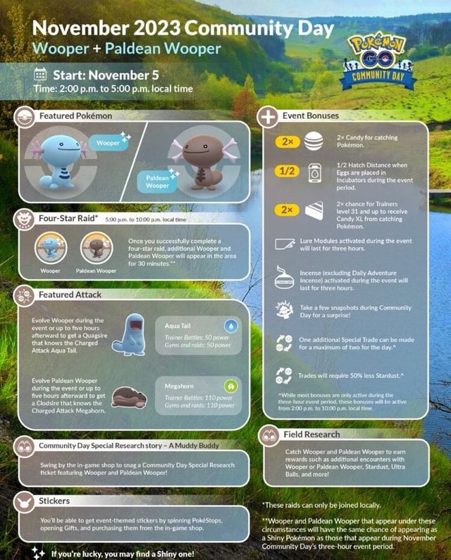 November 2023 Community Day Wooper + Paldean Wooper Start: November ...
