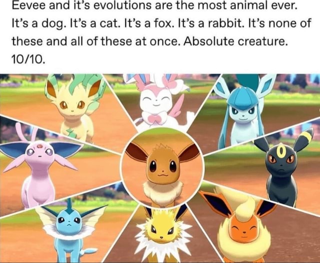 Eevee and it's evolutions are the most animal ever. It's a dog. It's a cat. It's a fox. It's a ...