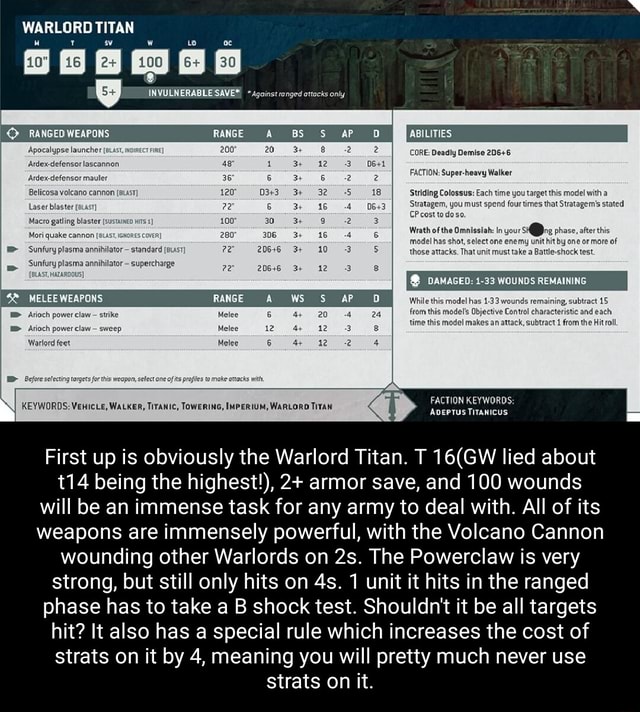 WARLORD TITAN INVULNERABLESAVE* *Agoinst ranged attacks only RANGED ...