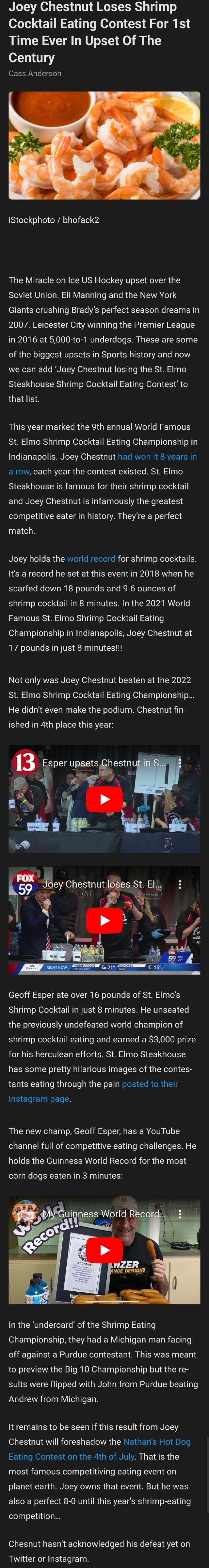 Joey Chestnut Loses Shrimp Cocktail Eating Contest For Time Ever In ...