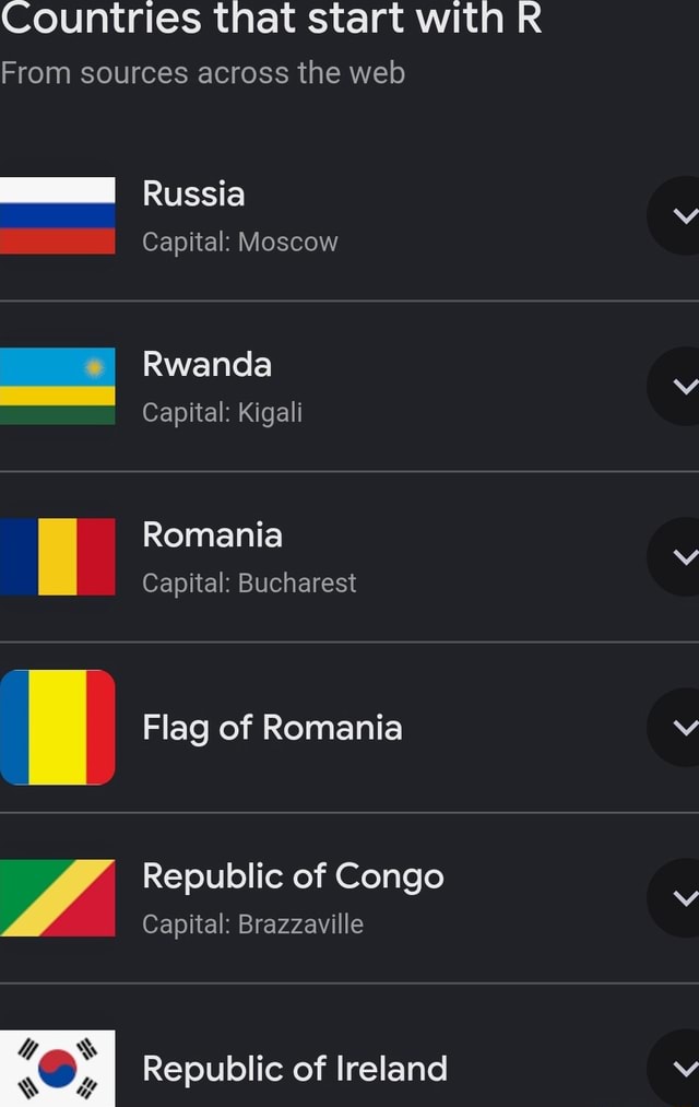 Countries that start with IR From sources across the web Russia Capital: Moscow Rwanda Capital ...