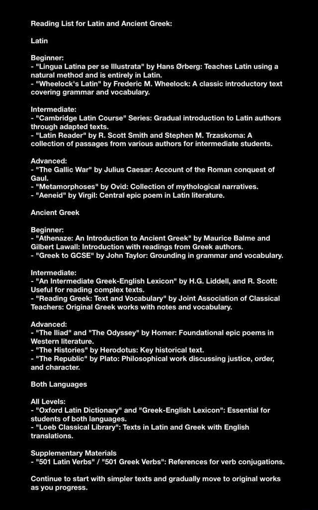 Reading List for Latin and Ancient Greek: Latin Beginner: - "Lingua ...