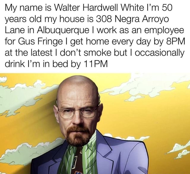 My name is Walter Hardwell White I'm SO years old my house is 308 Negra ...