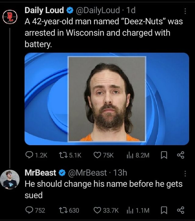 Daily Loud @ @DailyLoud - id A 42-year-old man named "Deez-Nuts" was ...