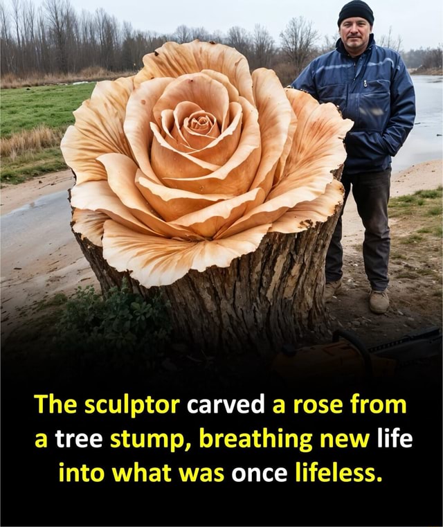 The sculptor carved a rose from a tree stump, breathing new life into ...
