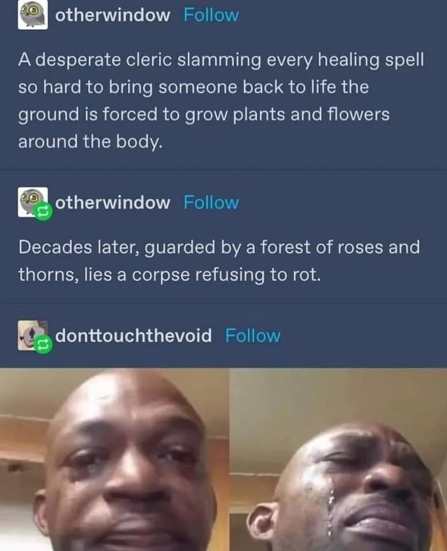 A desperate cleric slamming every healing spell so hard to bring ...