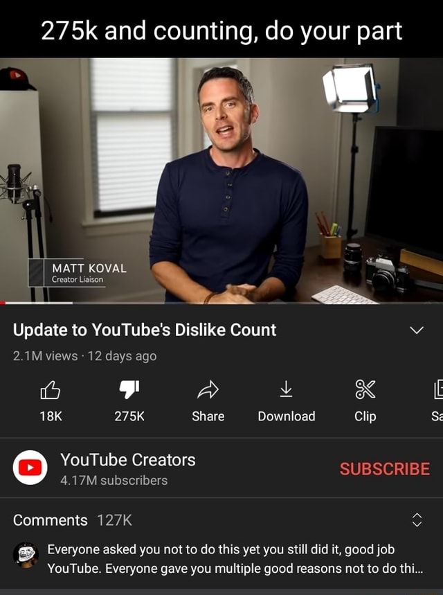 275k and counting, do your part MATT KOVAL Creator Liaison Update to ...