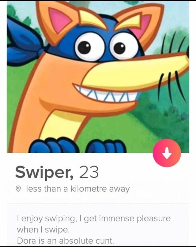 Swiper, 23 © less than a kilometre away lenjoy swiping, I get immense pleasure when I swipe ...