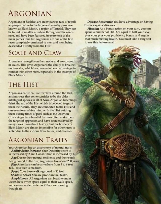 ARGONIAN Argonians or Saxhleel are an oviparous race of reptili- an ...
