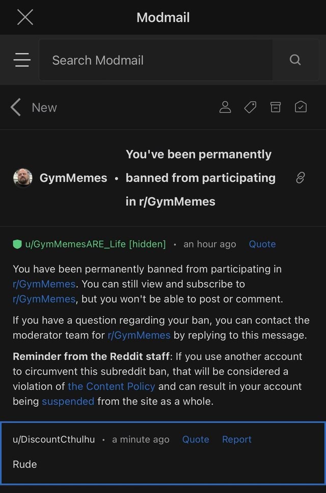Modmail - Search Modmail Q New Do You've been permanently GymMemes - banned from participating ...