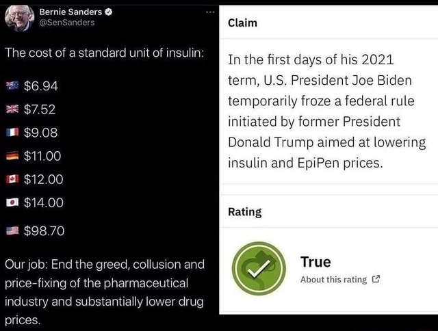 Bernie Sanders meander The cost of a standard unit of insulin Claim In ...