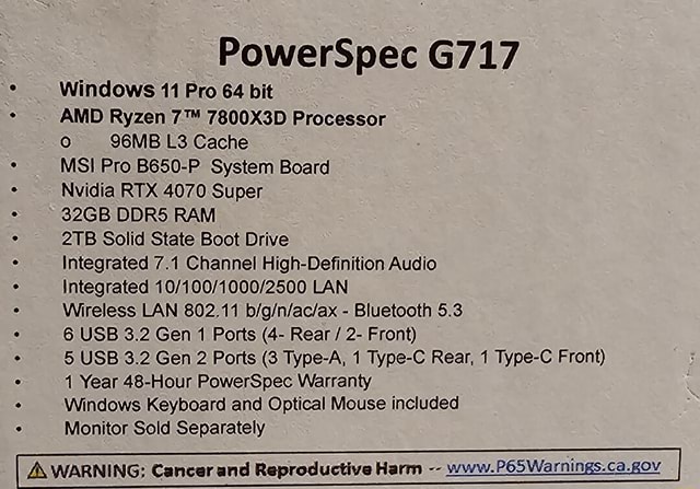PowerSpec G717 Windows 11 Pro 64 bit AMD Ryzen 7800X3D Processor 96MB ...