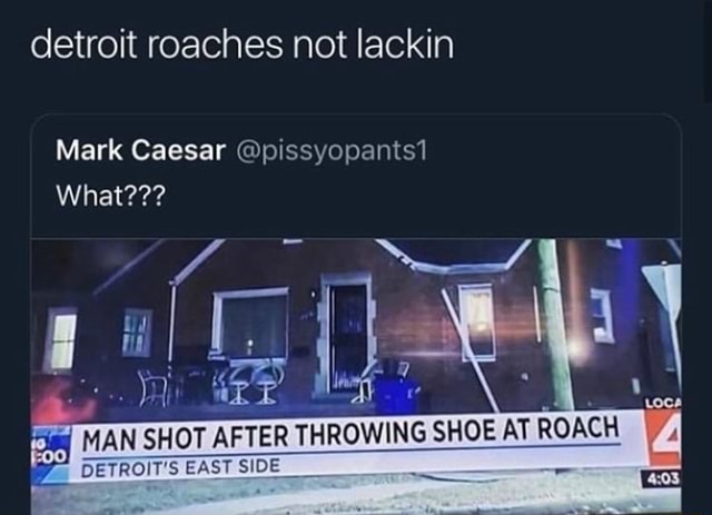 Detroit roaches not lackin Mark Caesar @pissyopants1 What??? I MAN SHOT ...