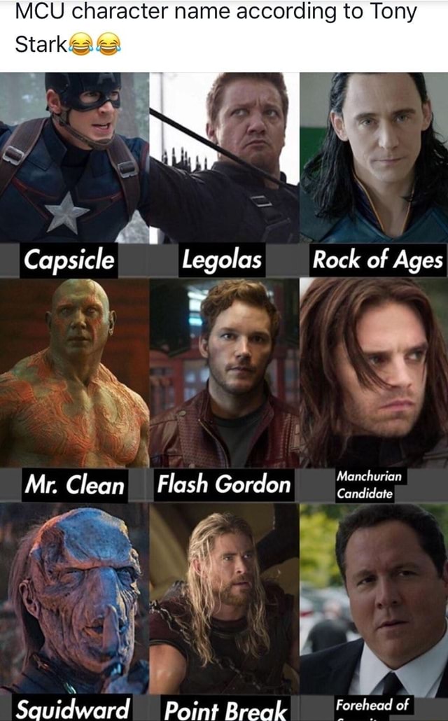 MCU character name according to Tony Stark Capsicle Legolas Rock of ...