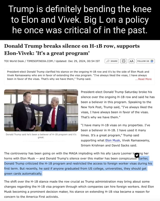 Trump is definitely bending the knee to Elon and Vivek. Big L on a policy he once was critical ...