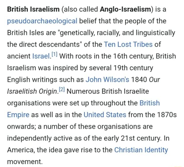 British Israelism (also called Anglo-Israelism) is a ...