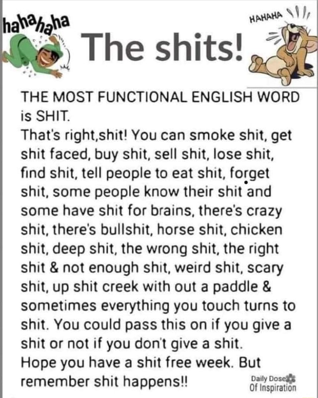 The shits! THE MOST FUNCTIONAL ENGLISH WORD is SHIT. That's right,shit ...