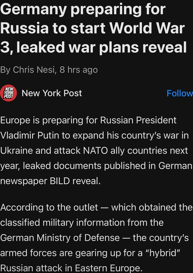 Germany preparing for Russia to start World War 3, leaked war plans ...