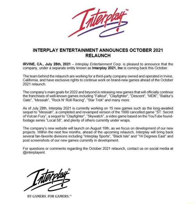 LEE INTERPLAY ENTERTAINMENT ANNOUNCES OCTOBER 2021 RELAUNCH IRVINE, CA ...