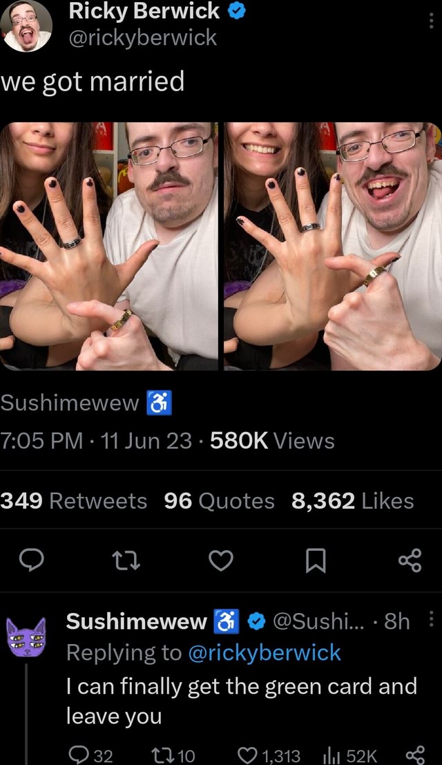 Ricky Berwick @rickyberwick we got married Sushimewew PM 11 Jun 23 ...