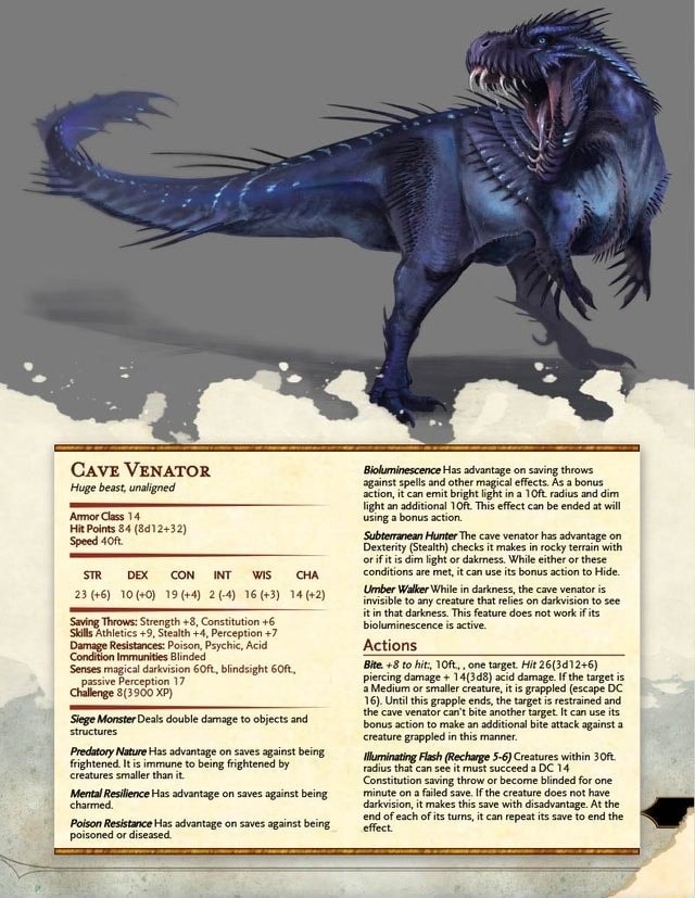 Cave VENATOR 'Huge beast, unaligned 'Armor Gass 14 HitPolnts 84 Speed ...
