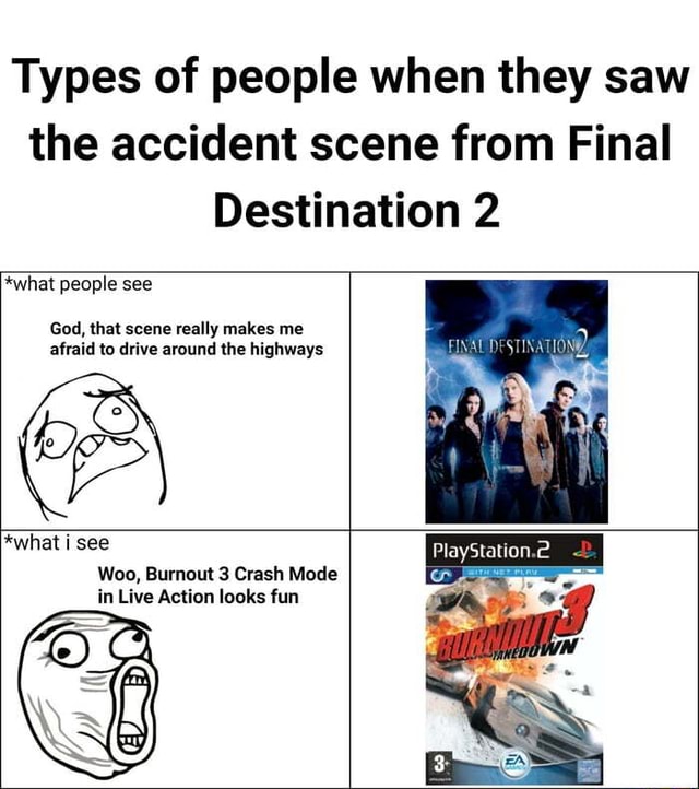 Types of people when they saw the accident scene from Final Destination ...