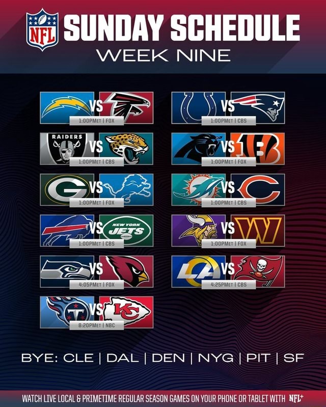 SUNDAY SCHEDULE WEEK NINE vs RAIDERS I FOX ~vs ANS BYE: CLE I DAL I DEN ...