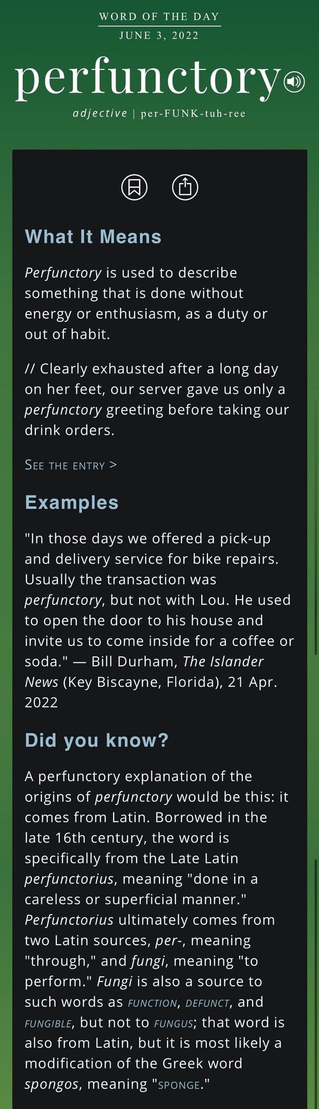 WORD OF THE DAY JUNE 3, 2022 perfunctorye adjective I per-FUNK-tuh-ree ...