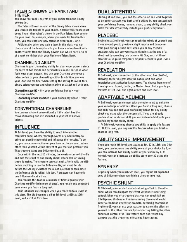 The Binary: A Homebrew Class for the Esper Genesis 5e RPG - TALENTS ...
