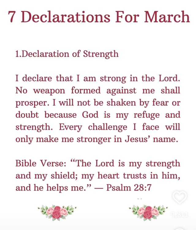 7 Declarations For March Declaration of Strength I declare that I am ...