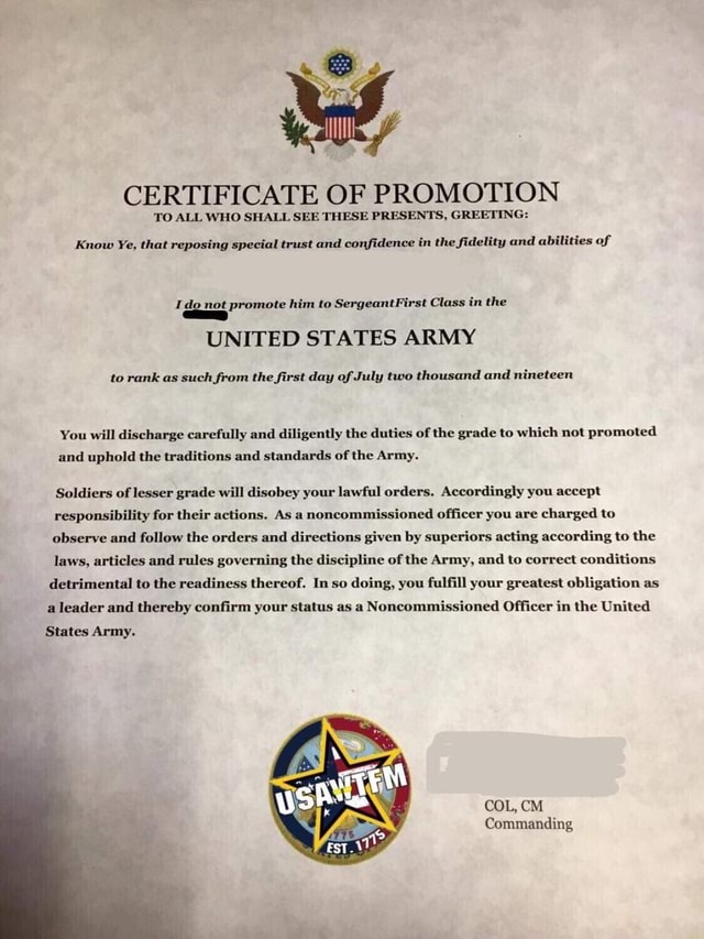 CERTIFICATE OF PROMOTION TO ALL WHO SHALL SEE THESE PRESENTS. GREETING ...