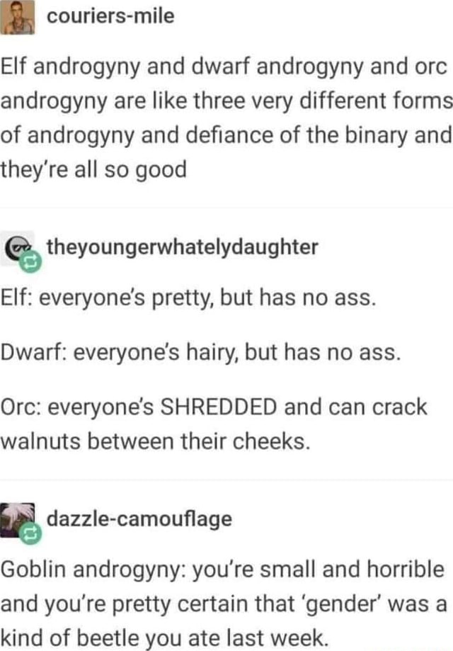 An couriers-mile Elf androgyny and dwarf androgyny and orc androgyny ...