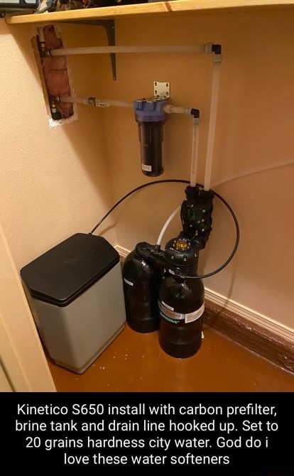 Kinetico S650 install with carbon prefilter, brine tank and drain line ...