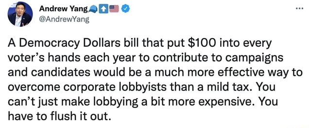 Andrew Yang @Q= A Democracy Dollars bill that put $100 into every voter ...