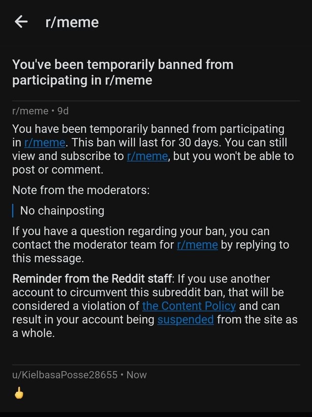 You've been temporarily banned from participating in /meme You have ...