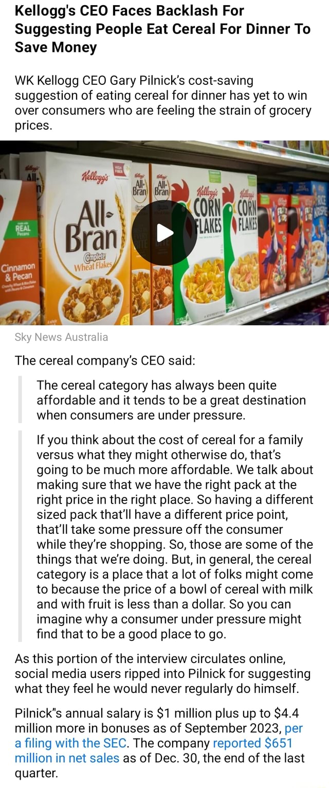 Kellogg's CEO Faces Backlash For Suggesting People Eat Cereal For ...