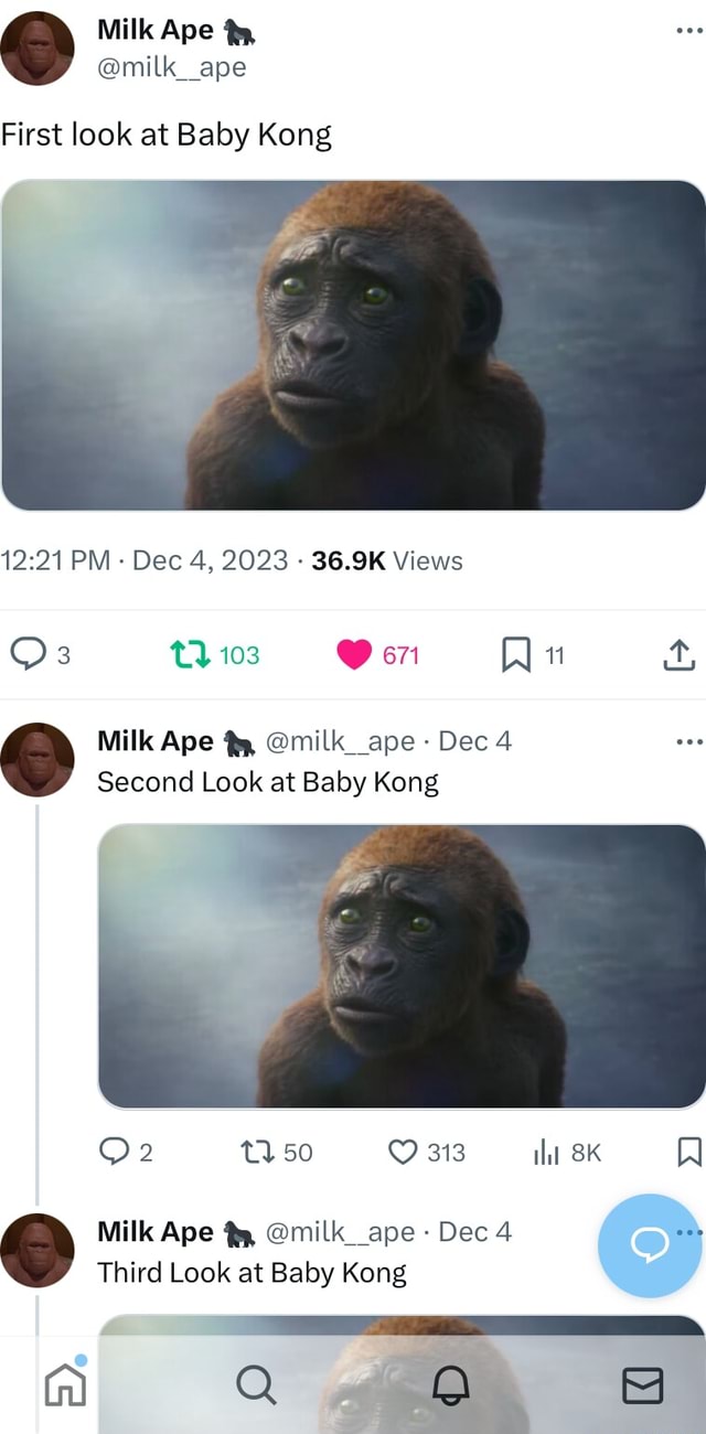 Milk Ape milk ape First look at Baby Kong PM - Dec 4, 2023 - 36.9K Views 103 Milk Ape "milk ape ...