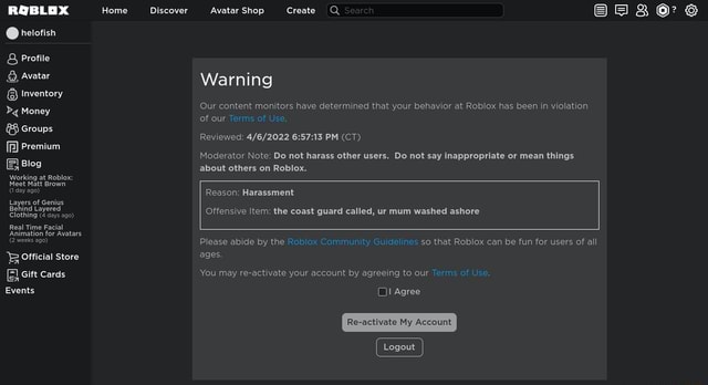 Home Discover Avatar Shop Create Q ROBLOX @ helofish Profile Avatar ...