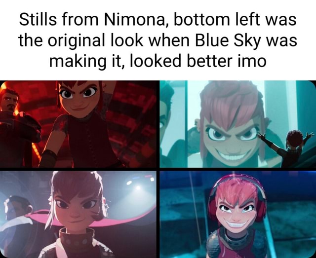Stills from Nimona, bottom left was the original look when Blue Sky was ...
