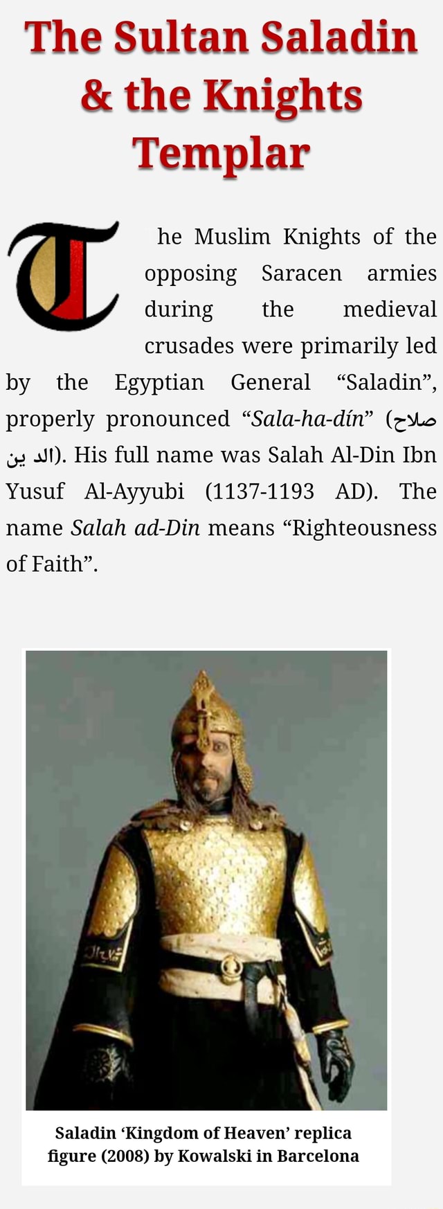 The Sultan Saladin & the Knights Templar he Muslim Knights of the ...