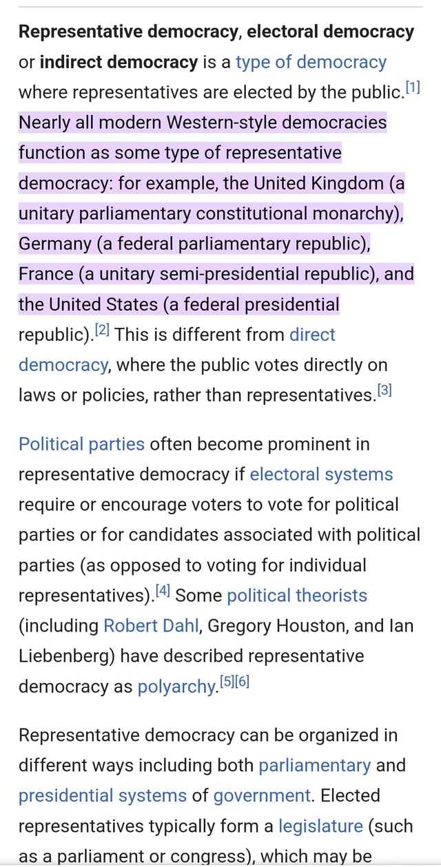 Representative democracy, electoral democracy or indirect democracy is ...