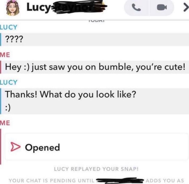 LUCY I 222? ME I Hey just saw you on bumble, you're cute! LUCY Thanks ...