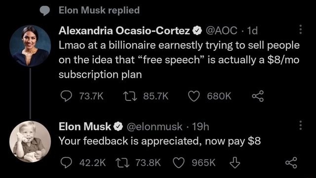 Elon Musk replied Alexandria Ocasio-Cortez @AOC id Lmao at a billionaire earnestly trying to ...