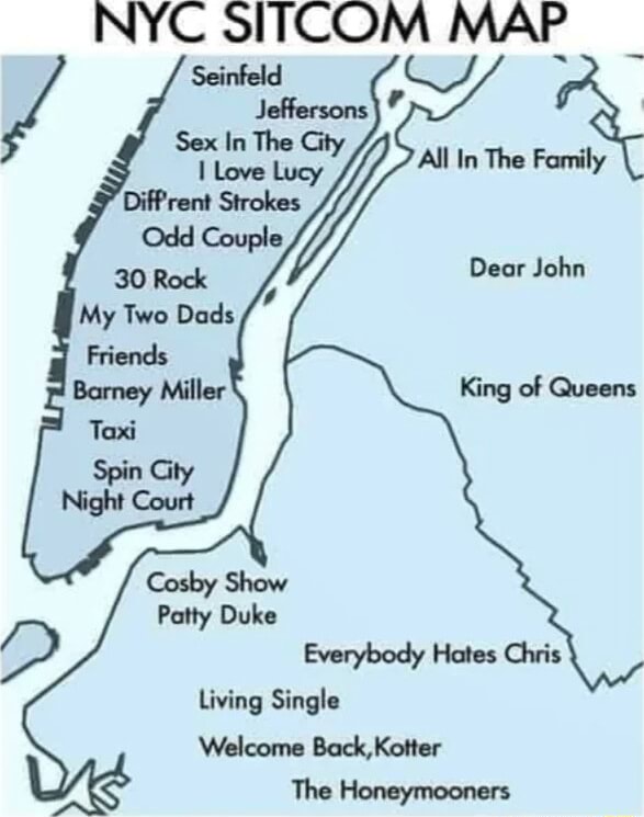 NYC SITCOM MAP Seinfeld Dear John King of Queens Patty Duke Everybody ...