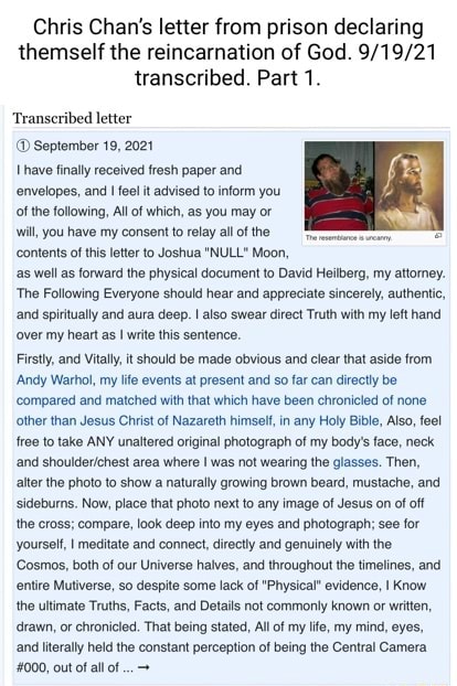Chris Chan's letter from prison declaring themself the reincarnation of ...